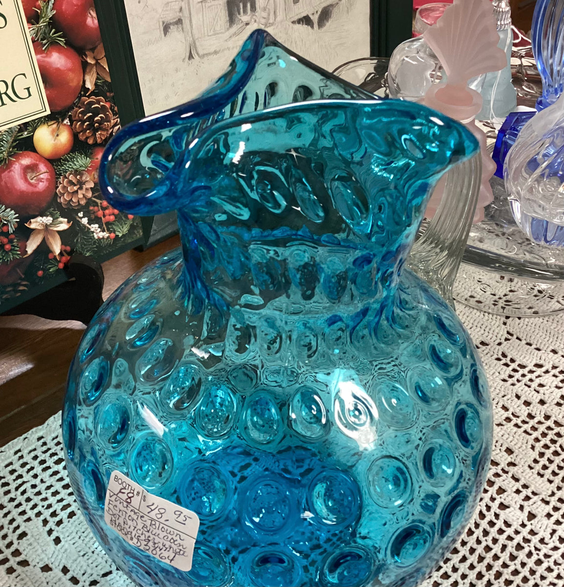 Fenton Vintage Blown Glass Blue Coin Dot Pitcher – Williamsburg Antique ...